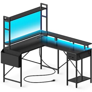 huuger l shaped desk gaming desk with led lights & power outlets, computer desk with storage shelves, corner desk home office desks for bedroom, black