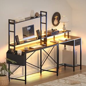 Huuger L Shaped Desk Gaming Desk with LED Lights & Power Outlets, Computer Desk with Storage Shelves, Corner Desk Home Office Desks for Bedroom, Black