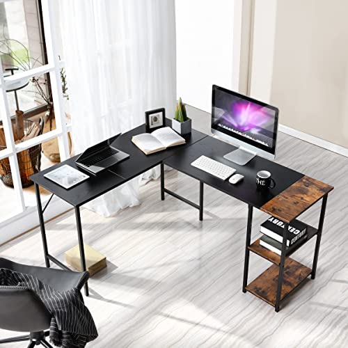 FurnitureR 58'' L-Shaped Corner Storage Shelf Space-Saving Gaming Labtop Table for Home Office PC Workstation Study Room Computer Desk, Black and Brown