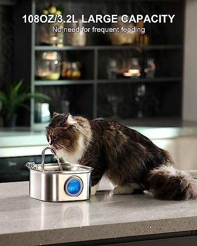 NautyPaws Cat Water Fountain, 3.2L/108oz Automatic Stainless Steel Pet Fountain Dog Water Dispenser with Super Quiet&Transparent Window Design- Ideal for Cats, Dogs and Multiple Pets - Dishwasher Safe