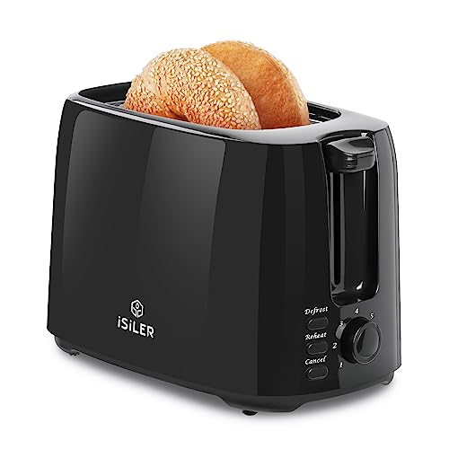 iSiLER 2 Slice Toaster, 1.3 Inches Wide Slot Bagel Toaster with 7 Shade Settings and Double Side Baking, Compact Bread Toaster with Removable Crumb Tray, Defrost Cancel Function Black