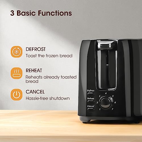 iSiLER 2 Slice Toaster, 1.3 Inches Wide Slot Bagel Toaster with 7 Shade Settings and Double Side Baking, Compact Bread Toaster with Removable Crumb Tray, Defrost Cancel Function Black