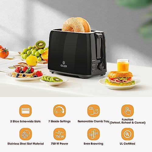 iSiLER 2 Slice Toaster, 1.3 Inches Wide Slot Bagel Toaster with 7 Shade Settings and Double Side Baking, Compact Bread Toaster with Removable Crumb Tray, Defrost Cancel Function Black