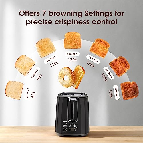 iSiLER 2 Slice Toaster, 1.3 Inches Wide Slot Bagel Toaster with 7 Shade Settings and Double Side Baking, Compact Bread Toaster with Removable Crumb Tray, Defrost Cancel Function Black