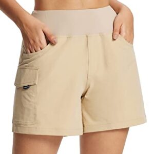 BALEAF Women's 5" Athletic Shorts High Waisted Quick Dry with Cargo Pockets Hiking Climbing Summer Shorts-Khaki-L