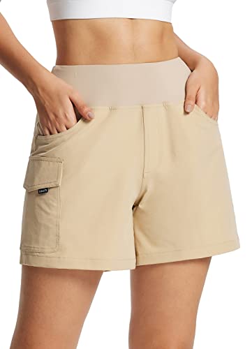 BALEAF Women's 5" Athletic Shorts High Waisted Quick Dry with Cargo Pockets Hiking Climbing Summer Shorts-Khaki-L