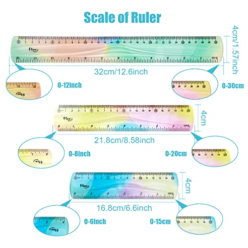 3pcs Flexible Rulers for School, 12/8/6 inch Bendable Ruler Soft Plastic Rulers Bulk Flex Ruler with Centimeter and Inch Scales for Students Kids Classroom Office Home Supplies(Gradient Colored)