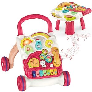 3 in 1 sit-to-stand baby walker, activity center for baby girl, learning walker, multifunctional removable play panel, early learning push music toys for infant 12 months red