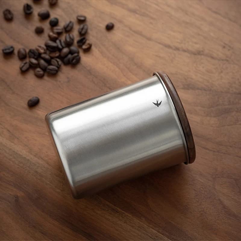 Stainless Steel Airtight Coffee Canister with Walnut Lid, Food Storage Container for Coofee Beans, Tea, Dry Goods, Candy 12-16 Oz (Small)