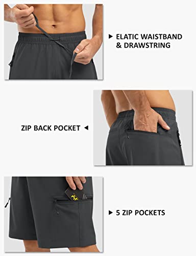 TBMPOY Men's Hiking Shorts with 5 Zip Pockets 9'' Lightweight Outdoor Work Athletic Short for Men Travel Running Dark Grey XXL