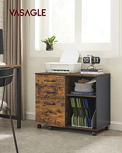 VASAGLE L-Shaped Computer Desk, Industrial Workstation, Space-Saving, Easy Assembly, 55.1”Dx51.2”W, Rustic Brown & Lateral File Cabinet, Home Office Printer Stand, Rustic Brown + Black