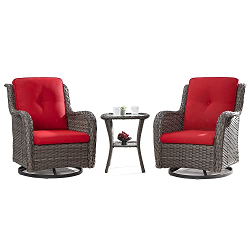 Joyside Outdoor 360 Degree Swivel Rocker Patio Chairs Sets of 2 and Matching Side Table - 3 Piece Wicker Patio Bistro Set Patio Swivel Rocker Chairs with Olefin Fabric Cushion(Brown/Red)