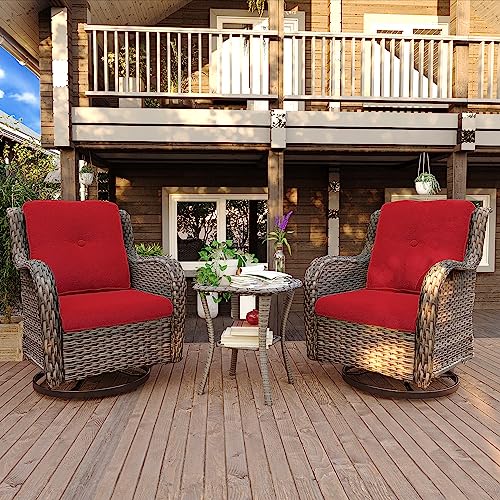 Joyside Outdoor 360 Degree Swivel Rocker Patio Chairs Sets of 2 and Matching Side Table - 3 Piece Wicker Patio Bistro Set Patio Swivel Rocker Chairs with Olefin Fabric Cushion(Brown/Red)