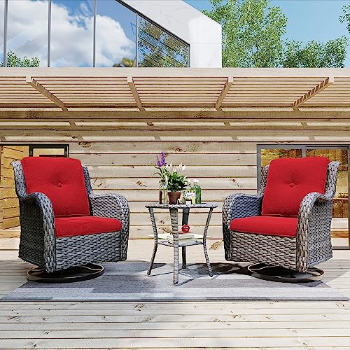 Joyside Outdoor 360 Degree Swivel Rocker Patio Chairs Sets of 2 and Matching Side Table - 3 Piece Wicker Patio Bistro Set Patio Swivel Rocker Chairs with Olefin Fabric Cushion(Brown/Red)