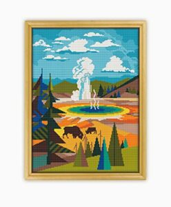 yellowstone national park cs419 - counted cross stitch kit#2. set of threads, needles, aida fabric, needle threader, embroidery clippers and printed color pattern inside.