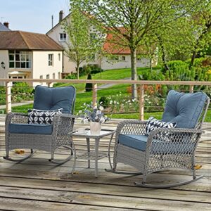 UDPATIO 3 Piece Patio Set Rocking, Rattan Outdoor Rocking Patio Bistro Set with 2 Rockers and 1 Side Table with 4‘’ Thick Cushions for Backyard, Porch, Balcony, Poolside(Blue)