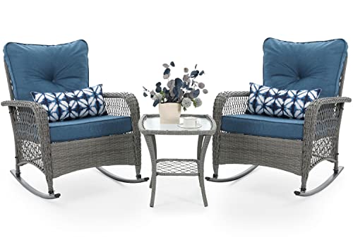 UDPATIO 3 Piece Patio Set Rocking, Rattan Outdoor Rocking Patio Bistro Set with 2 Rockers and 1 Side Table with 4‘’ Thick Cushions for Backyard, Porch, Balcony, Poolside(Blue)