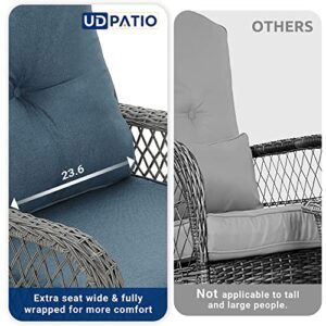 UDPATIO 3 Piece Patio Set Rocking, Rattan Outdoor Rocking Patio Bistro Set with 2 Rockers and 1 Side Table with 4‘’ Thick Cushions for Backyard, Porch, Balcony, Poolside(Blue)