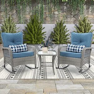 UDPATIO 3 Piece Patio Set Rocking, Rattan Outdoor Rocking Patio Bistro Set with 2 Rockers and 1 Side Table with 4‘’ Thick Cushions for Backyard, Porch, Balcony, Poolside(Blue)