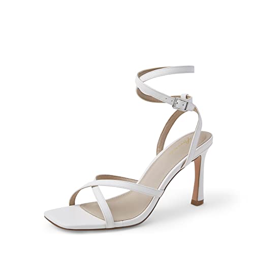 Arromic White High Stilettos Heeled Sandals for Women Strappy Square Toe Heel Open Toe Heels Dressy Wedding Shoes Pumps Sandals