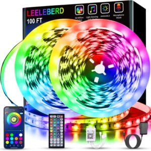 leeleberd led lights for bedroom 100 ft (2 rolls of 50ft) music sync color changing rgb led strip lights with remote app control bluetooth led light strip, led lights for room home kitchen decor party