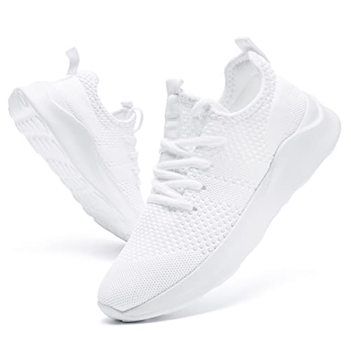 WOHHHW Women Walking Shoes Ladies Running Sneakers Breathable Mesh Sports Shoes Casual Lightweight Gym Lace up Sneakers Fitness Athletic Slip On Comfortable White US Size 8