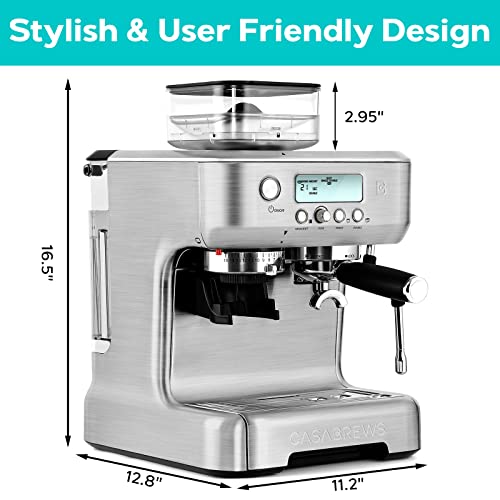 CASABREWS Espresso Machine with Grinder, 20 Bar Professional Espresso Maker with Milk Frother Steam Wand, Barista Cappuccino Latte Machine with LCD Display, Coffee Machine Gift for Dad, Mom or Wife