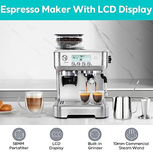 CASABREWS Espresso Machine with Grinder, 20 Bar Professional Espresso Maker with Milk Frother Steam Wand, Barista Cappuccino Latte Machine with LCD Display, Coffee Machine Gift for Dad, Mom or Wife