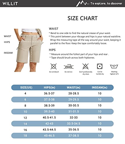 Willit Women's 10" Hiking Golf Long Shorts Quick Dry Athletic Outdoor Summer Shorts with Pockets Khaki Size 10