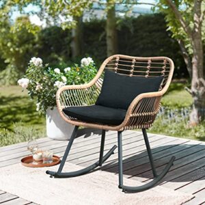 JOIVI Patio Wicker Rocking Chairs Set of 2, Outdoor Rattan Rocking Chairs with Pillows and Cushions, Front Porch Rocker with Iron Frame, Patio Lawn Garden Furniture, Black