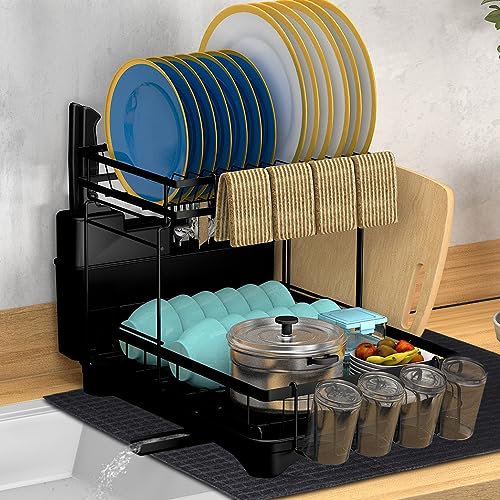 Yilingchild Dish Drainer,Dish Drying Rack with Drainboard,2 Tier Dish Rack for Kitchen Counter, Dish drainers for Inside Sink, Large Dish Strainers with 2 Cup Holder,Extra Drying Mat(Black)