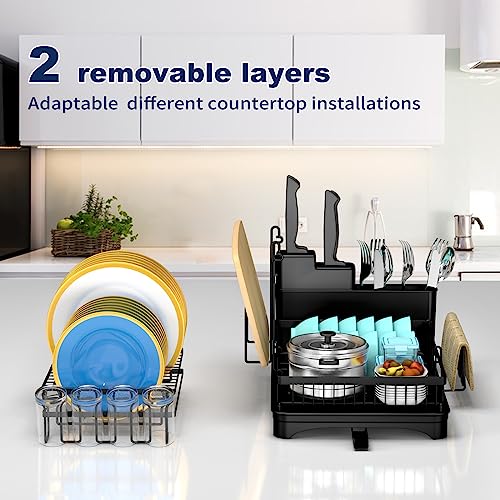 Yilingchild Dish Drainer,Dish Drying Rack with Drainboard,2 Tier Dish Rack for Kitchen Counter, Dish drainers for Inside Sink, Large Dish Strainers with 2 Cup Holder,Extra Drying Mat(Black)