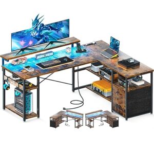 odk l shaped gaming desk with power outlets & led stripe, reversible computer desk with file drawer, home office desk with storage shelves, 53 inch gamer corner desk with monitor stand, vintage