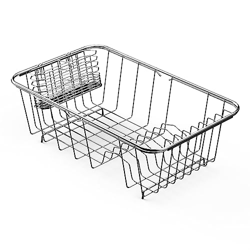 NiuYichee Dish Drying Rack in Sink, Expandable Stainless Steel Dish Drainer Rack Organizer Over Sink Counter, with Stainless Steel Utensil Racks, Fit 14.2" to 19.5" Sinks (Small)