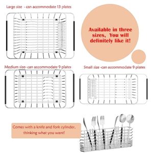 NiuYichee Dish Drying Rack in Sink, Expandable Stainless Steel Dish Drainer Rack Organizer Over Sink Counter, with Stainless Steel Utensil Racks, Fit 14.2" to 19.5" Sinks (Small)