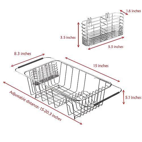 NiuYichee Dish Drying Rack in Sink, Expandable Stainless Steel Dish Drainer Rack Organizer Over Sink Counter, with Stainless Steel Utensil Racks, Fit 14.2" to 19.5" Sinks (Small)