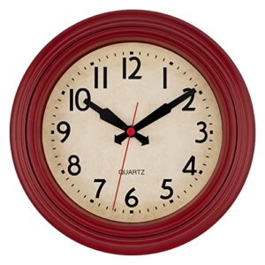 foxtop retro wall clock 9 inch silent non-ticking small battery operated red wall clock vintage classic decorative clock for office bedroom kitchen living room home