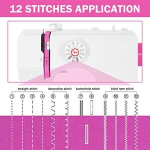 Sewing Machine - Mini Sewing Machine for Beginners and Kids with 12 Built-in Stitches, Portable Sewing Machine with Adjustable 2 Speed and Foot Pedal Control, Perfect for Arts,Crafts & Sewing Projects - Pink Button