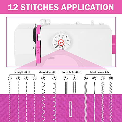 Sewing Machine - Mini Sewing Machine for Beginners and Kids with 12 Built-in Stitches, Portable Sewing Machine with Adjustable 2 Speed and Foot Pedal Control, Perfect for Arts,Crafts & Sewing Projects - Pink Button