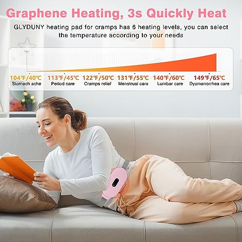 GLYDUNY Heating Pads for Cramps, Period Cramp Massager Portable Cordless Heating Pad with 6 Heat Levels and 6 Massage Modes, Heating Pad for Back Pain Relief Heating Belt Menstrual Heating Pad, Pink