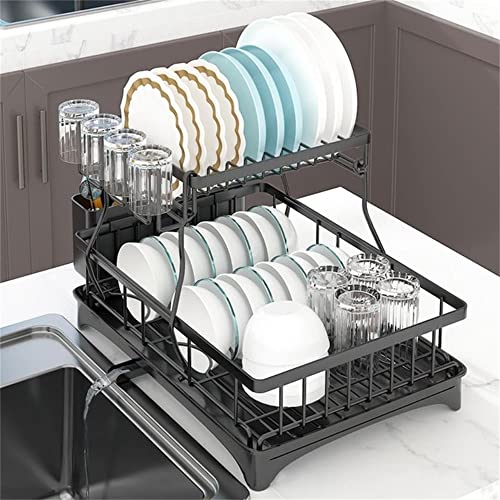 KUNYI DROP Dish Drying Rack with Drainboard, Multifunctional Dish Rack for Kitchen Counter, Anti-Rust Drying Dish Rack, Cutting Board Holder, Black