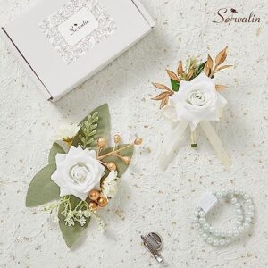 Serwalin White Corsage and Boutonniere Set, Prom Artificial Flower Wrist Corsage Bracelets, Homecoming Corsage Wristlet, Boutonniere for Men Wedding Flowers Accessories Prom Suit Decorations