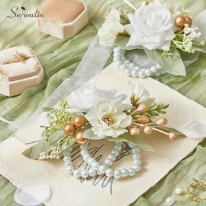 Serwalin White Corsage and Boutonniere Set, Prom Artificial Flower Wrist Corsage Bracelets, Homecoming Corsage Wristlet, Boutonniere for Men Wedding Flowers Accessories Prom Suit Decorations