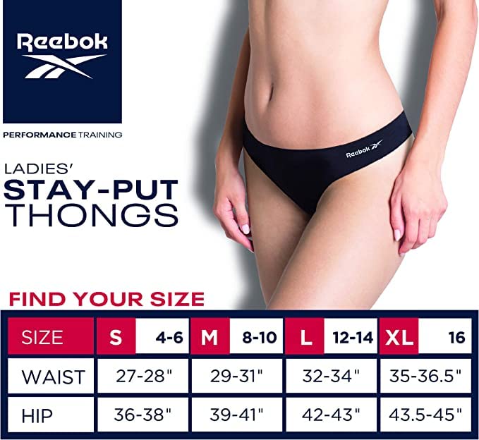 Reebok Women's Underwear - Stretch Performance Thong Panties (4 Pack), Size Large, Shark Skin/Black