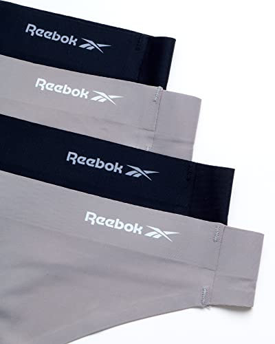 Reebok Women's Underwear - Stretch Performance Thong Panties (4 Pack), Size Large, Shark Skin/Black