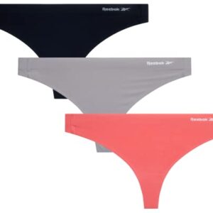 Reebok Women?s Underwear ? Stretch Performance Thong (3 Pack), Size Medium, Coral/Grey/Black