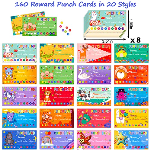 160 PCS Behavior Punch Cards for Kids with Hole Puncher, Reward Cards for Students with 160 PCS Funny Punny Reward Stickers, Incentive Awards Loyalty Punch Cards for Classroom Teachers School Supplies