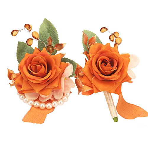 Weslymoo Burnt Orange Rose Wrist Corsage and Boutonniere Set Artificial Prom Flower Corsage Wristlet Band Bracelet and Boutonniere for Men Wedding Accessories Prom Stuff Decorations