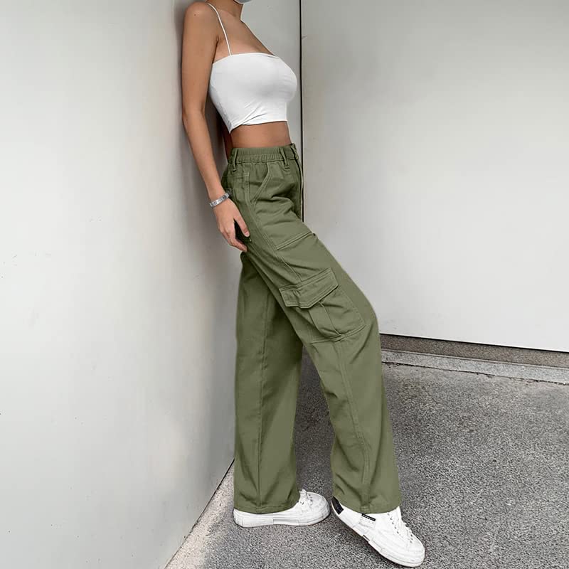 Lepunuo Cargo Pants for Women High Waisted Casual Pants Baggy Stretchy Wide Leg Y2K Streetwear with 6 Pockets Army Green