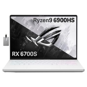 asus 2022 rog zephyrus 14" wqxga 120hz gaming laptop, amd ryzen-9 6900hs, 16gb ddr5 ram, 1tb pcie ssd, rgb backlit keyboard, amd radeon rx 6700s, win 11, white, 32gb snowbell usb card